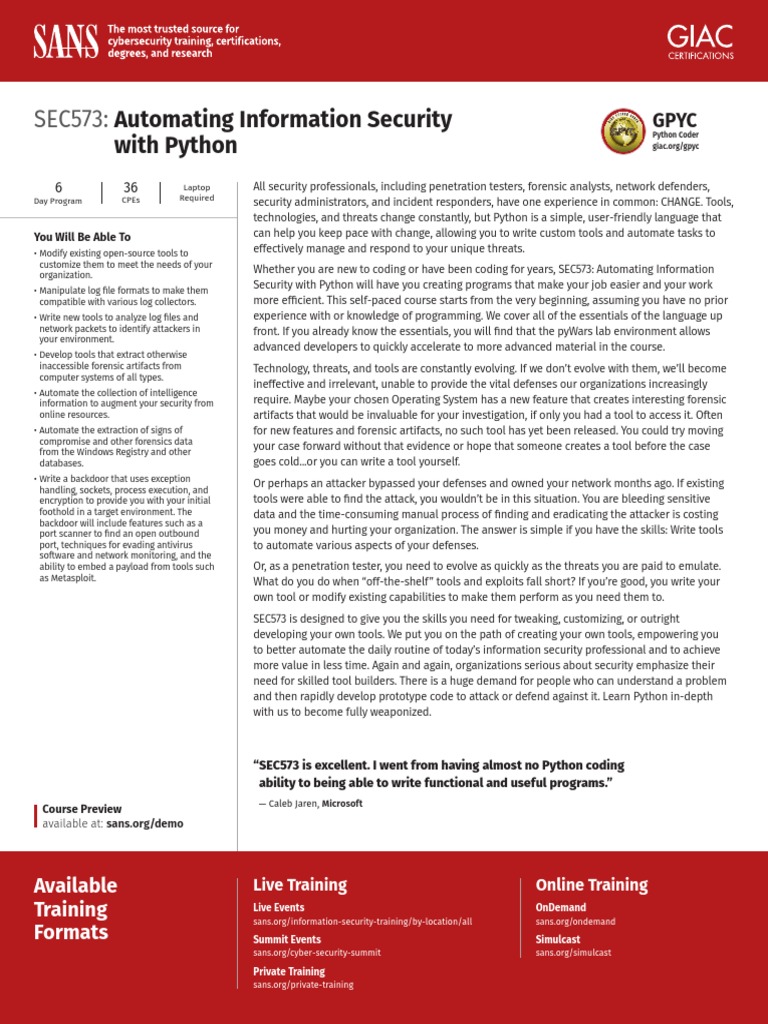 Automating Information Security With Python: Available Training Formats ...