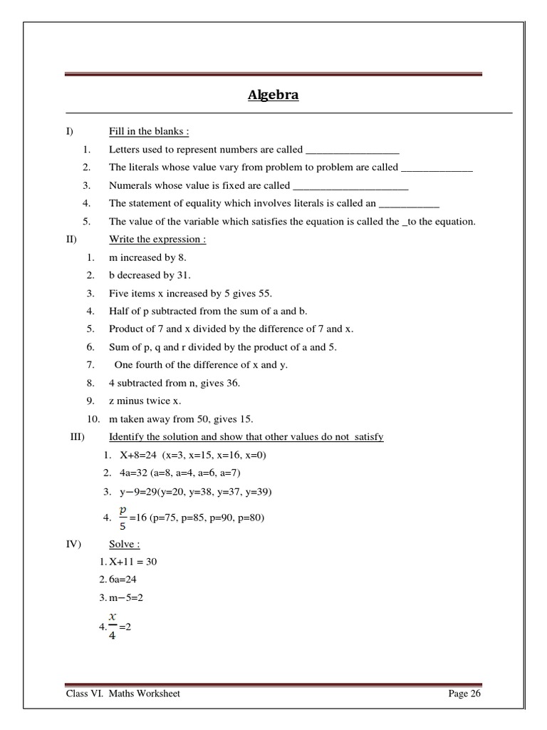 Class 6 Algebra Worksheet with Answers | PDF