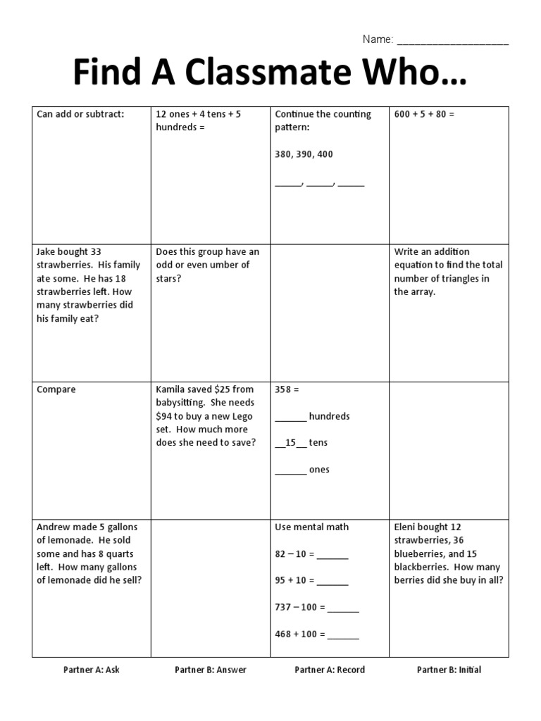 Find A Classmate Who : Partner A: Ask Partner B: Answer Partner A ...