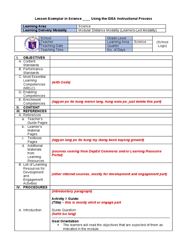 Lesson Exemplar in Science - Using The IDEA Instructional Process Learning Area Learning ...