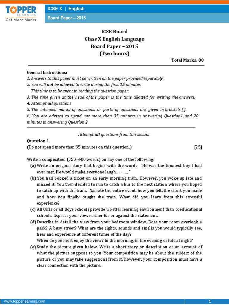 ICSE Board Class X English Language Board Paper - 2015 (Two Hours ...
