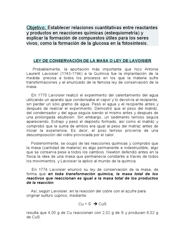 1º Medio Quimica - Ley de Conservacion de La Masa | PDF | Mole (Unidad ...