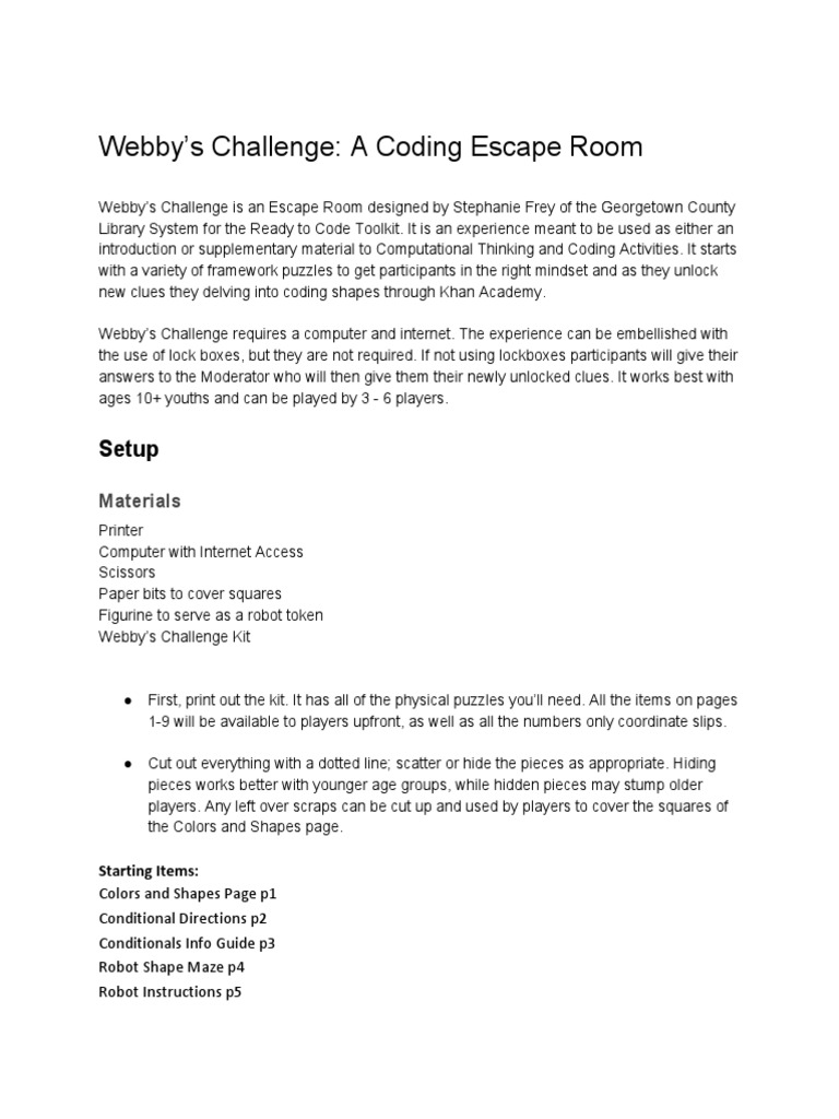 Webby's Challenge - A Coding Escape Room Instructions PDF | PDF ...