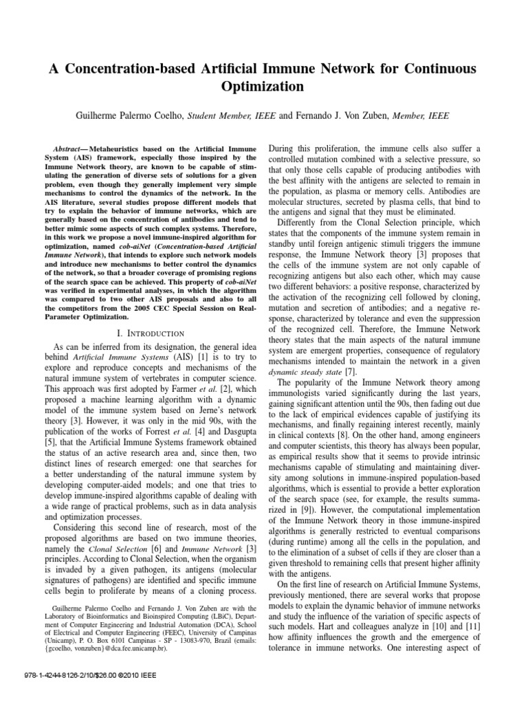 A Concentration-Based Artificial Immune Network For Continuous Optimization, Coelho | PDF ...