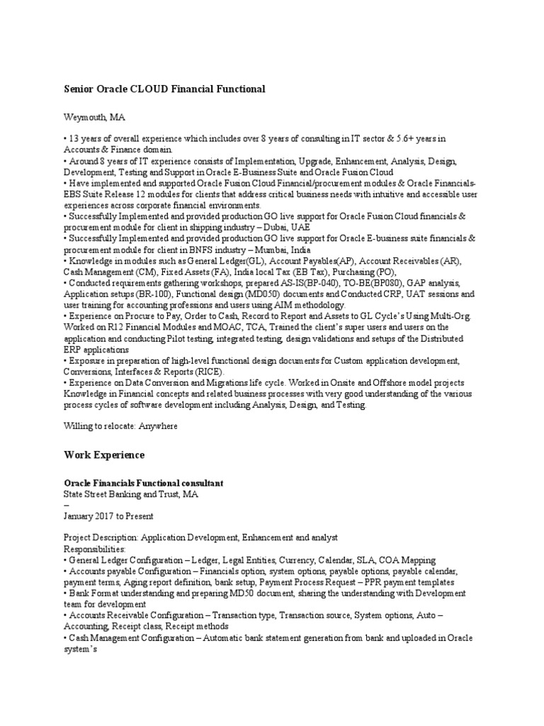 Senior Oracle CLOUD Financial Functional | PDF | Accounts Payable | Banks