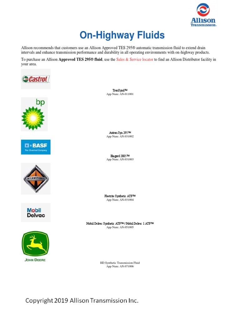 Allison Transmission On Highway Fluids Approval | PDF | Automotive ...