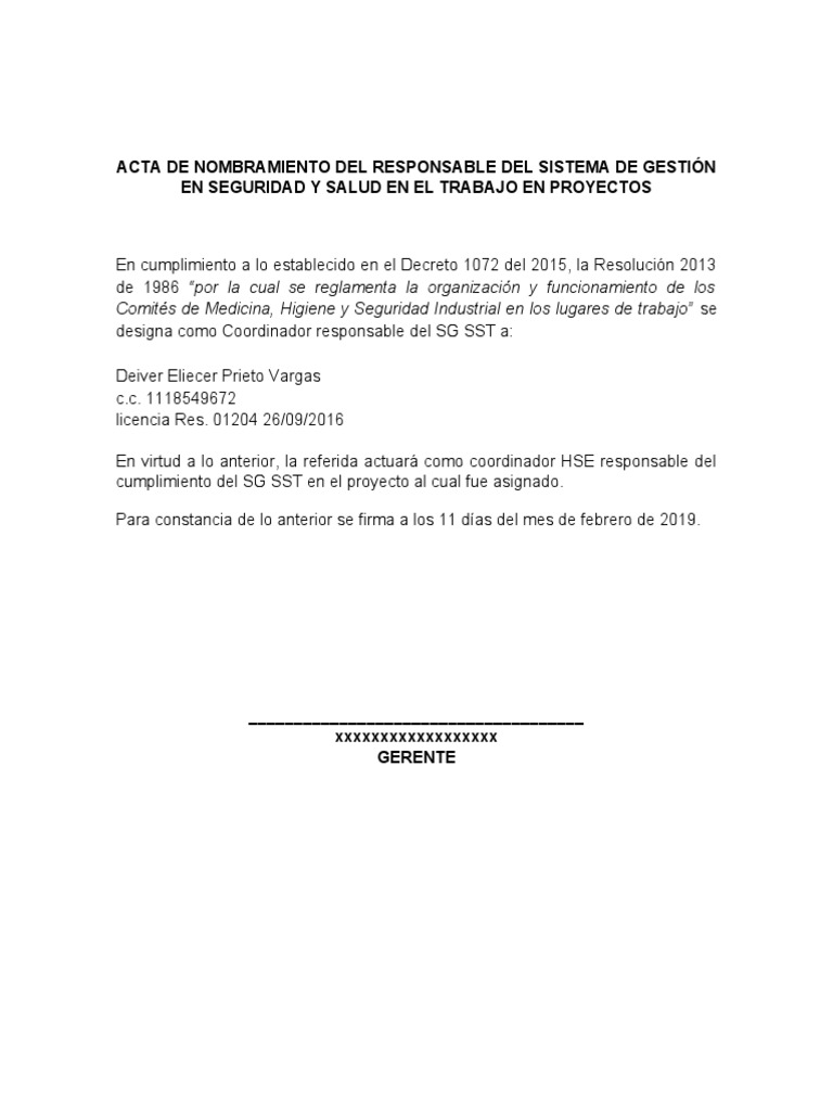 FT-SST-005-1 Formato Acta de Nombramiento Del Responsable SG SST en Proyectos | PDF
