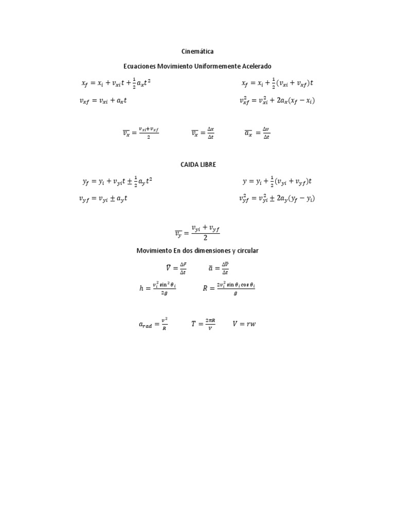 Formulas Cinemática