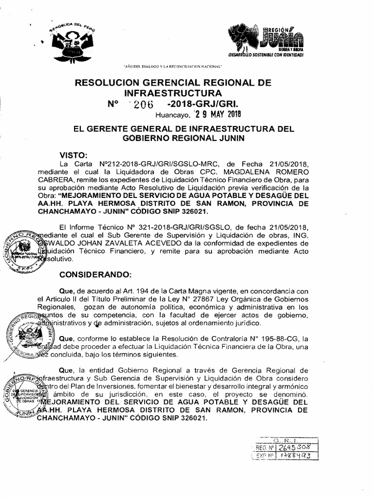 Resoluci N Gerencial Regional de Infraestructura N 206-2018-GR-JUNIN GRI | PDF | Gobierno ...