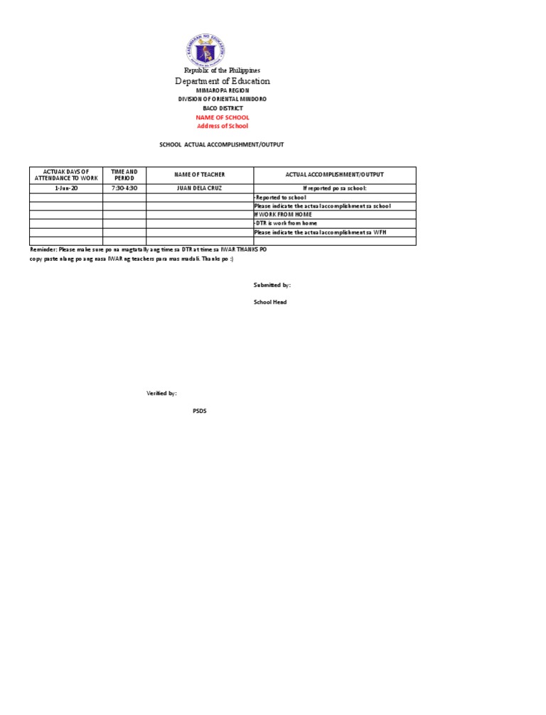 Teacher Accomplishment Report Template | PDF