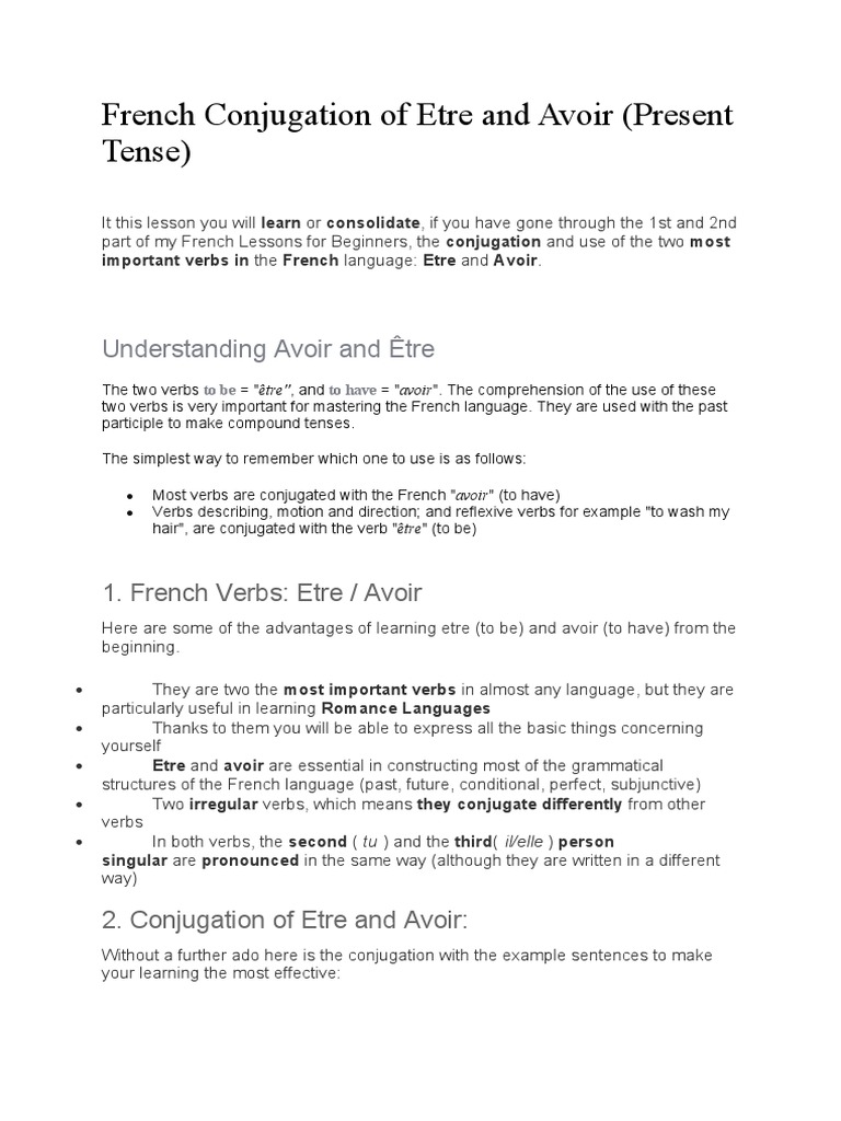 French Conjugation of Etre and Avoir | PDF | French Conjugation ...
