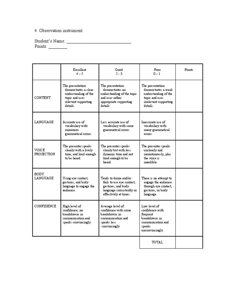 4. Observation instrument. Student’s Name ...