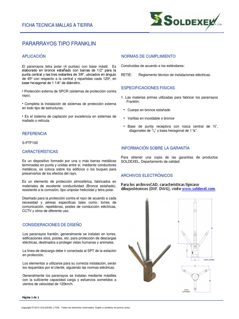 Ficha Tecnica Pararrayos Franklin PDF | PDF | Electromagnetismo | Electricidad