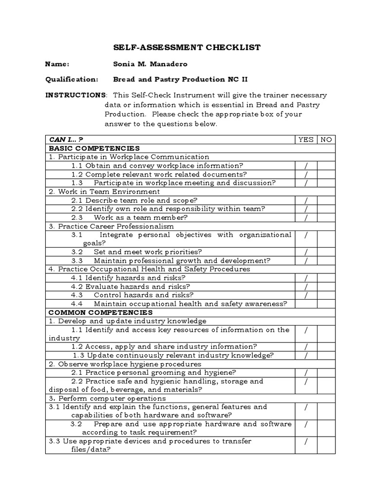 2.1 Self - Assessment Checklist | PDF | Cakes | Business