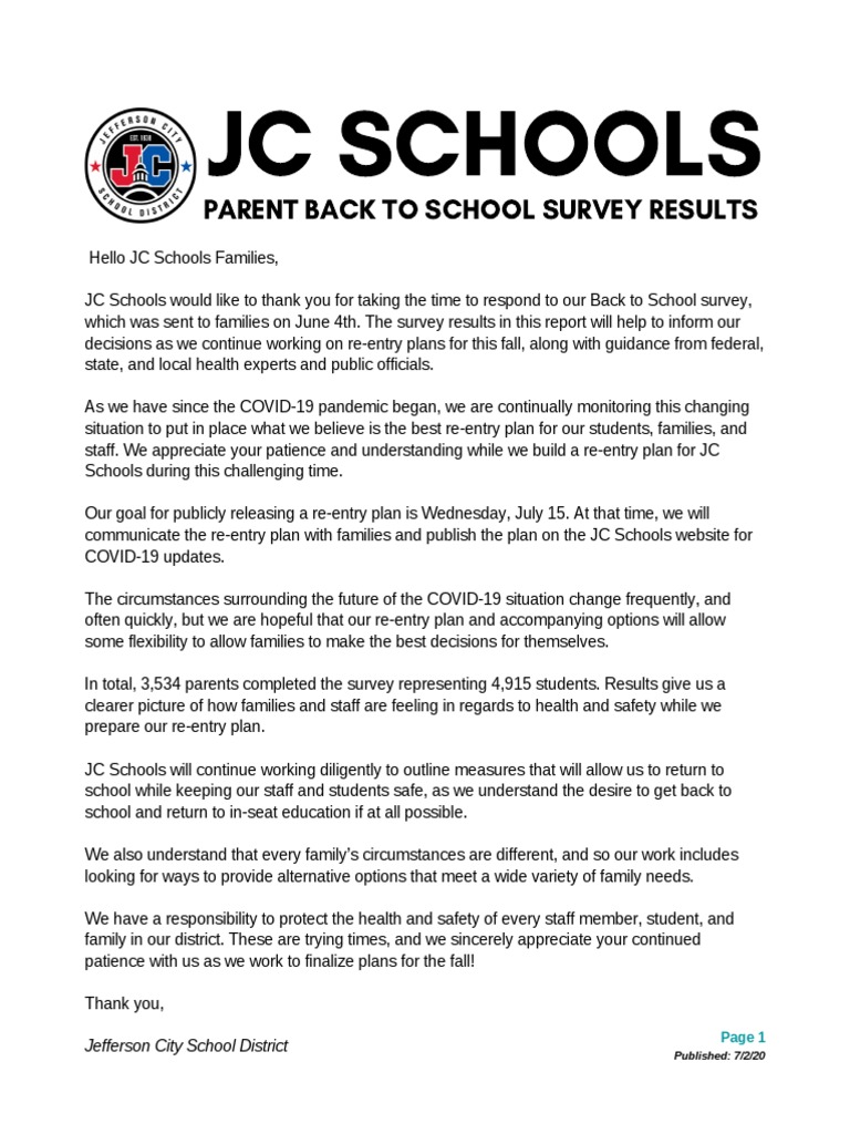 Family Back To School Survey Results 7.2.20 | PDF | Schools | Child Care