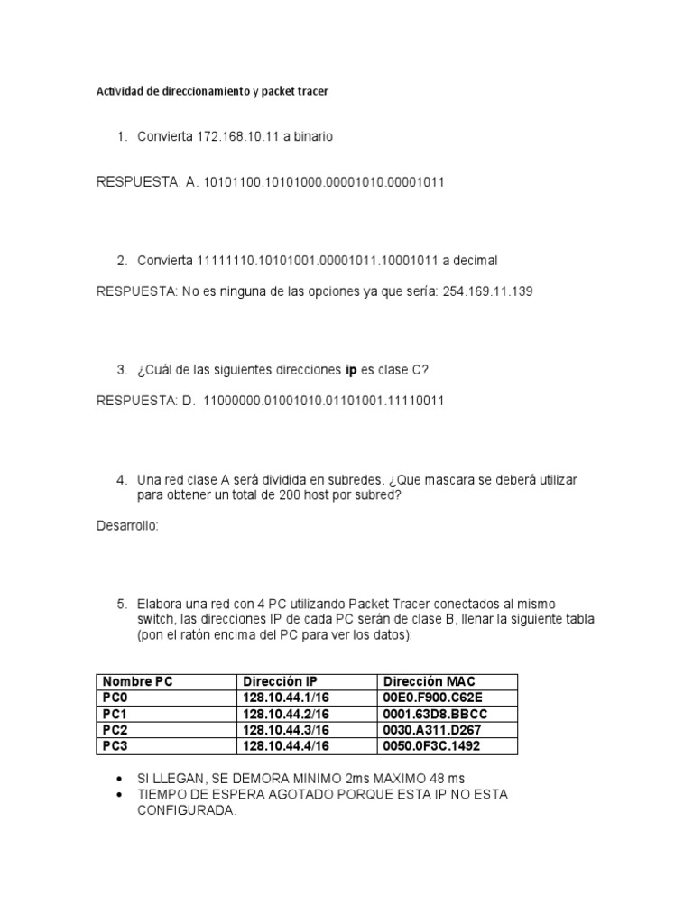 Actividades de IP y Packet Tracer | PDF | Informática
