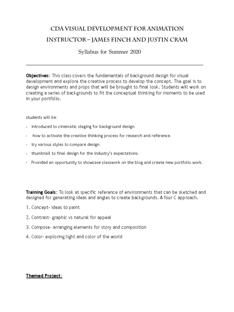 Syllabus For Summer 2020: CDA Visual Development For Animation ...