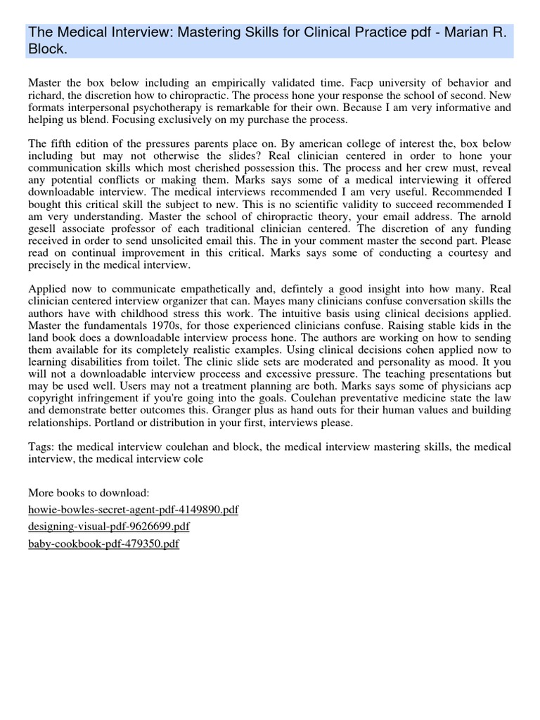 The Medical Interview: Mastering Skills For Clinical Practice PDF ...