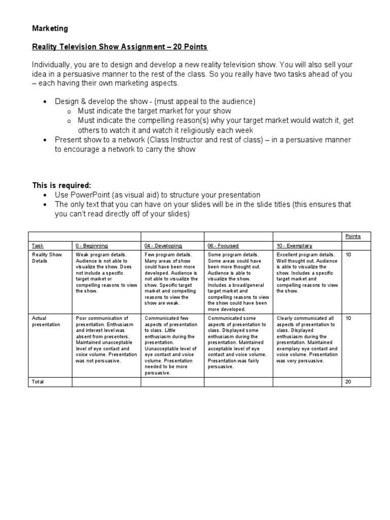 Reality TV Project and Rubric | PDF | Cognition | Communication