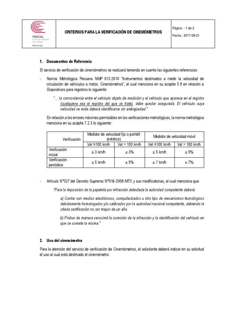 Criterios Para La Verificación De Cinemómetros Pdf Science