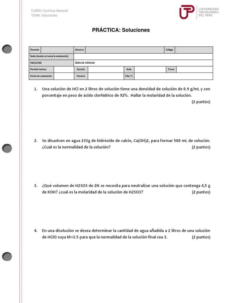 Practicando Soluciones Quimicas | Descargar gratis PDF | Concentración | Ácido clorhídrico