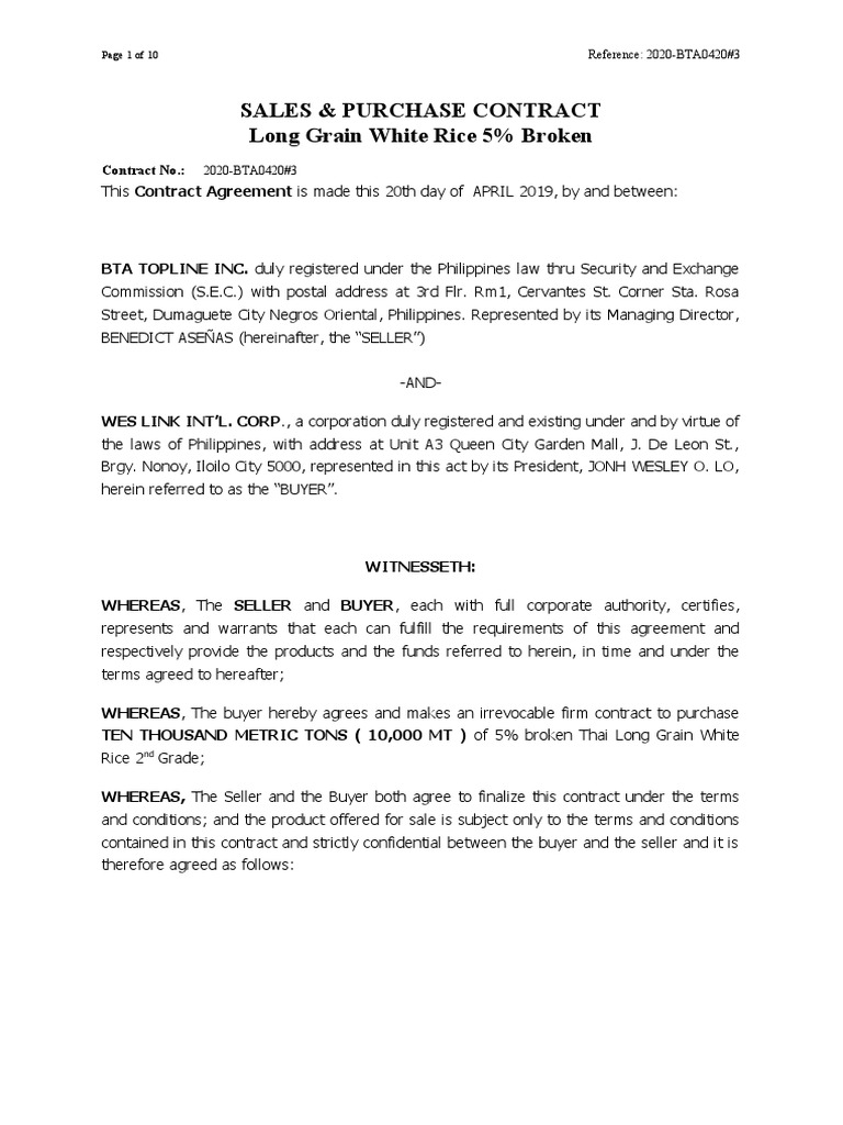 Sales & Purchase Contract Long Grain White Rice 5% Broken | Download ...