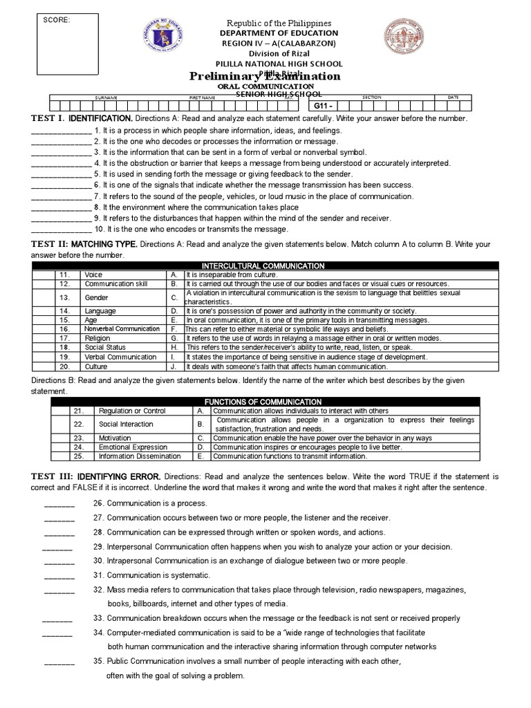 Preliminary Examination First | PDF | Interpersonal Communication ...