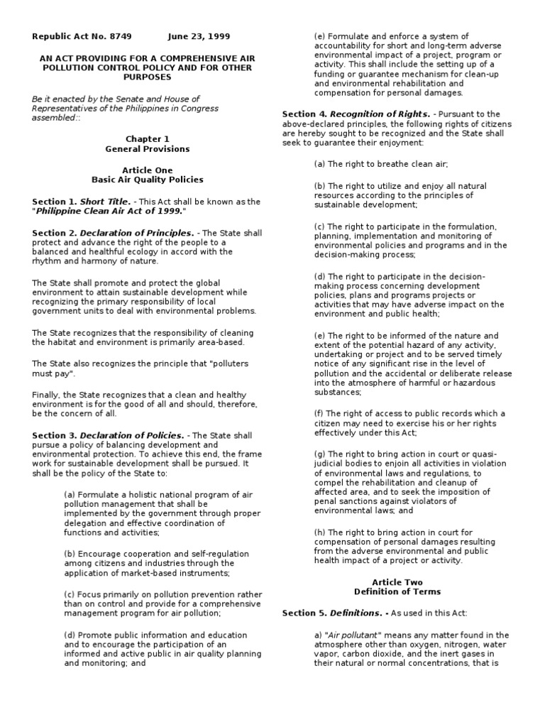 RA 8749 Clean Air Act | PDF | Air Pollution | Environmental Law