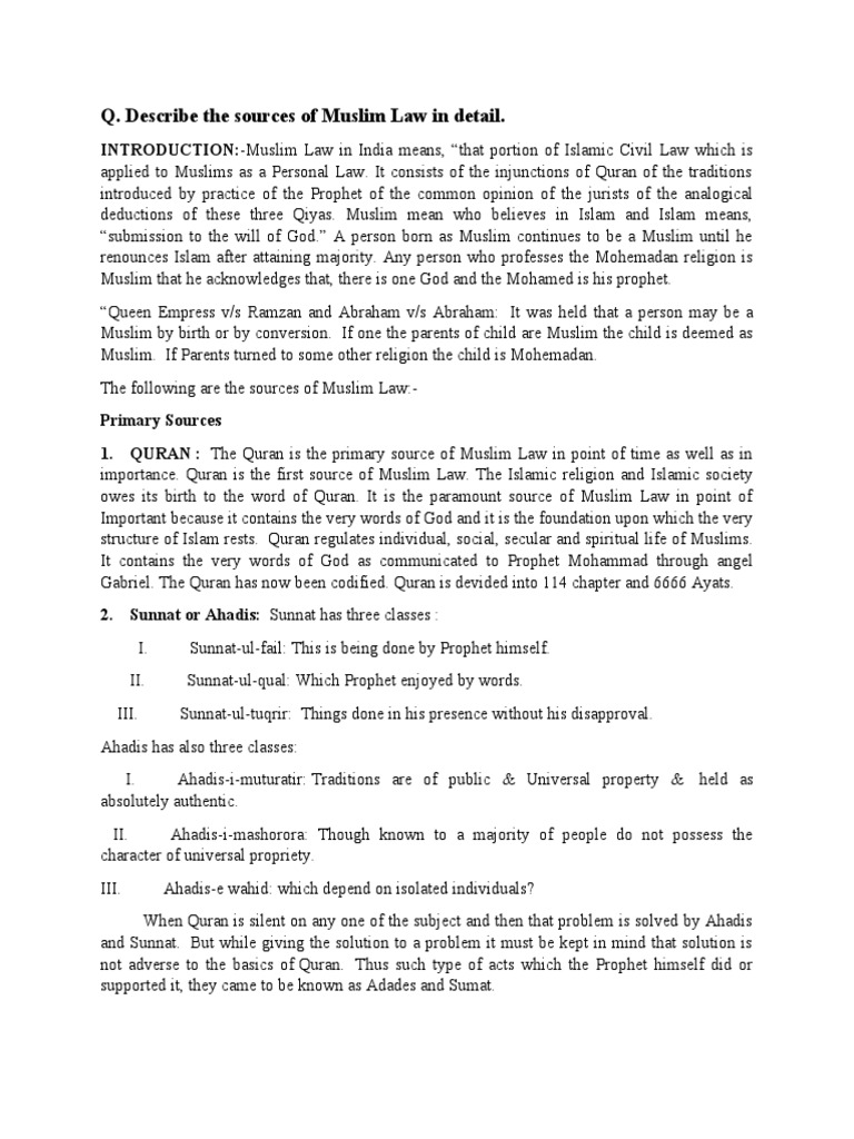 Q. Describe The Sources of Muslim Law in Detail | PDF | Sharia | Quran
