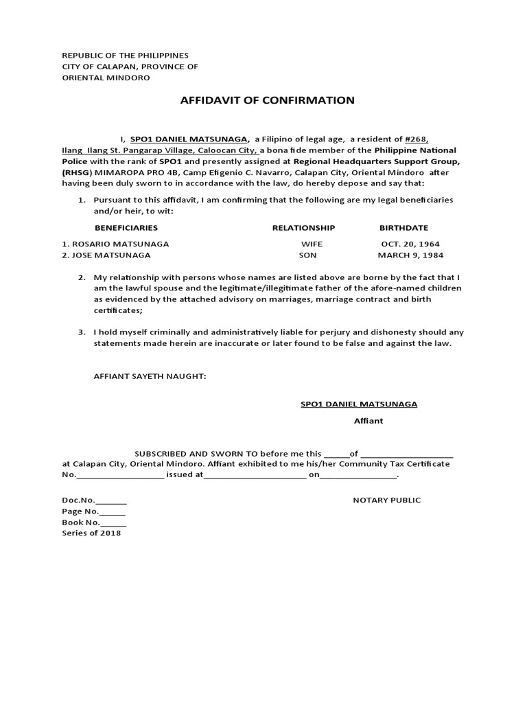 Affidavit of Confirmation Sample | Affidavit | Civil Law (Common Law)
