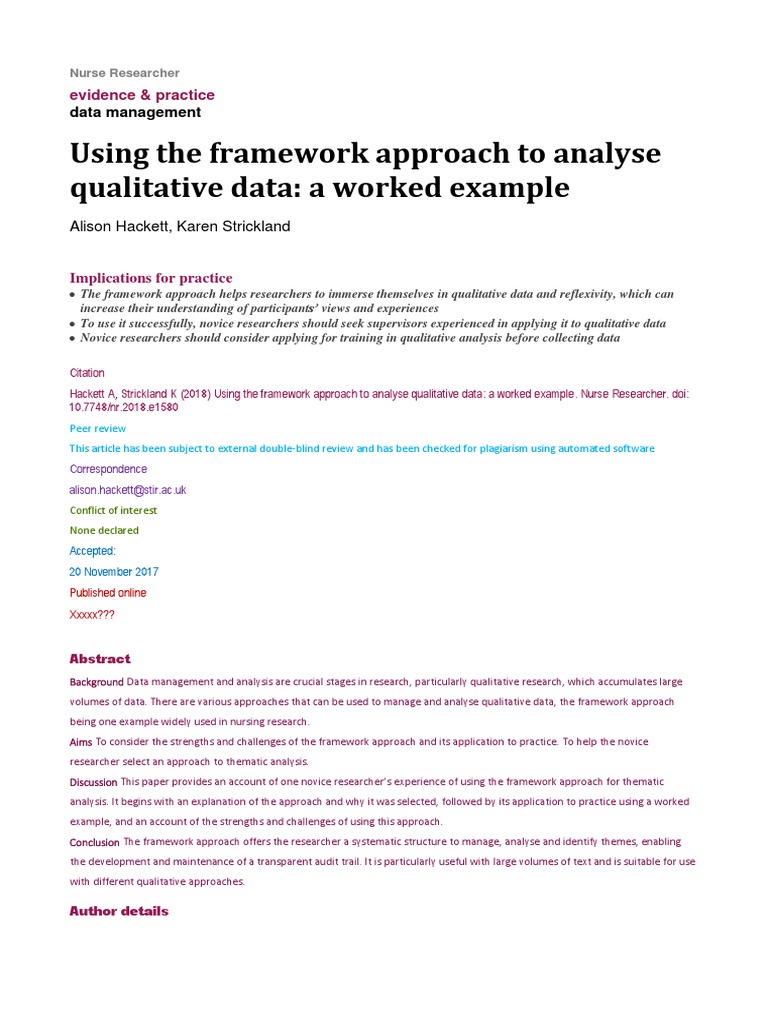 Using The Framework Approach To Analyse Qualitative Data: A Worked ...