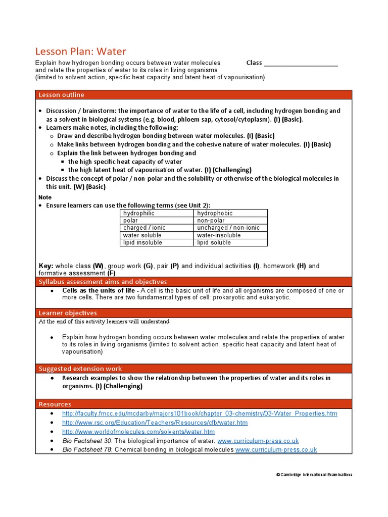 Lesson Plan: Water: Class | PDF | Properties Of Water | Chemical Bond