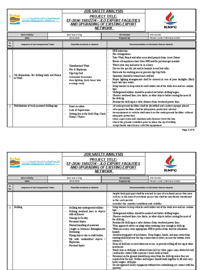 JSA For Bore Hole Drilling | PDF | Personal Protective Equipment ...