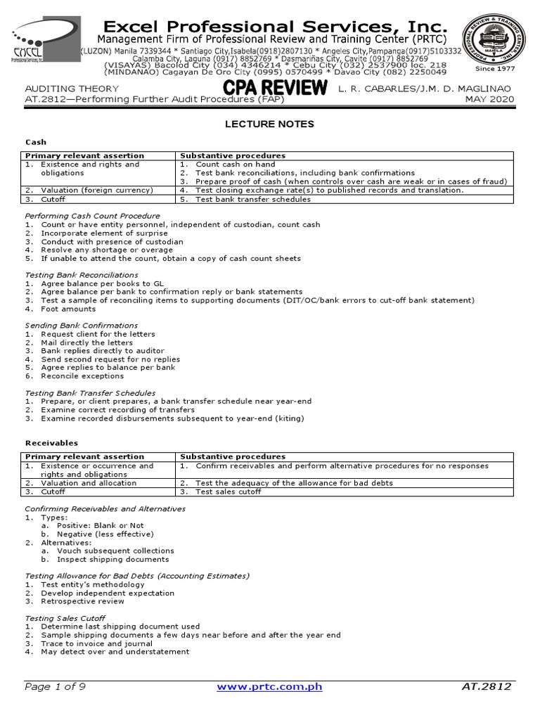 AT.2812 - Performing Further Audit Procedures FAP | PDF | Audit | Inventory