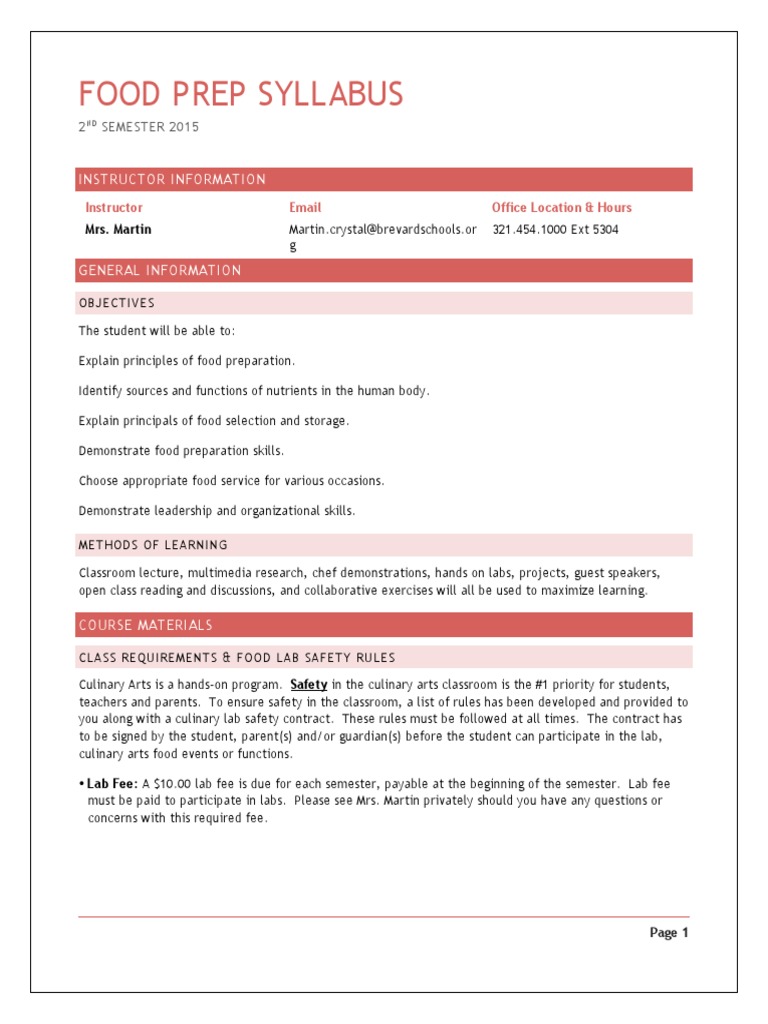 Food Prep Syllabus: Instructor Information | PDF