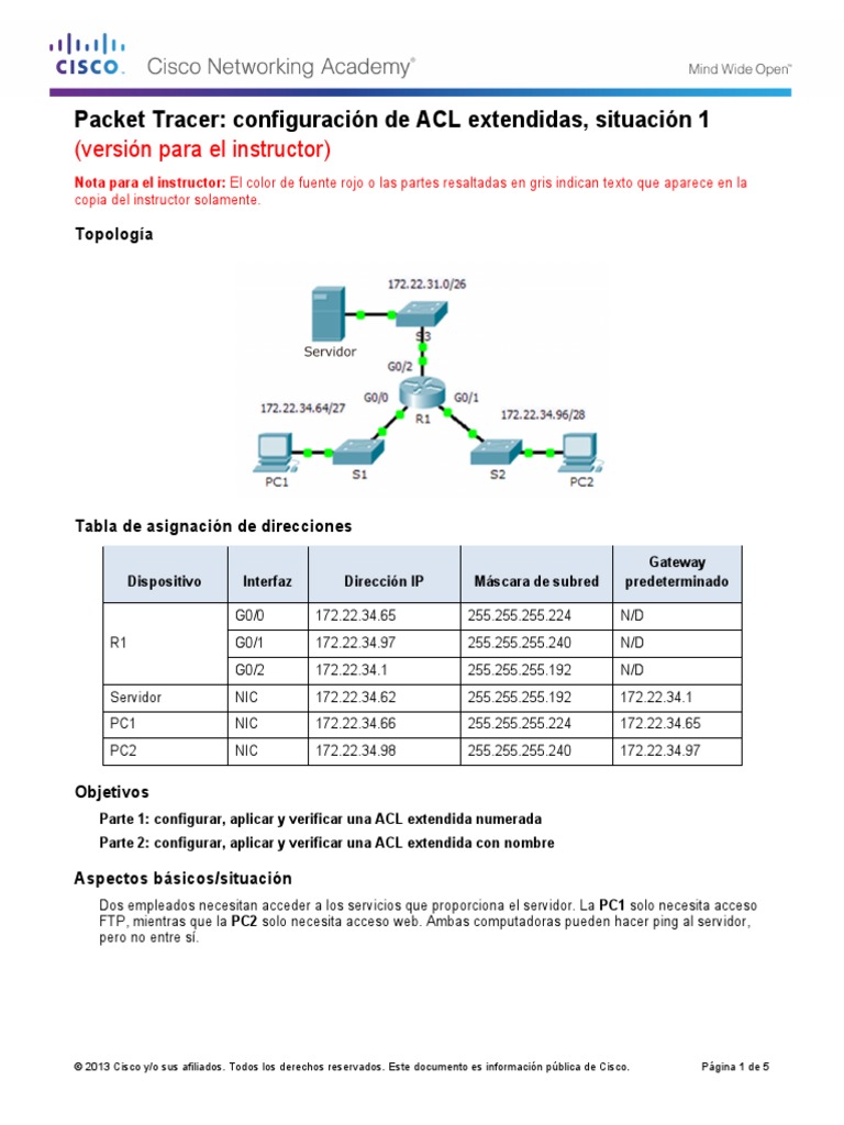4.2.2.10 Packet Tracer - Configuring Extended ACLs Scenario 1 - ILM | PDF | Dirección IP ...