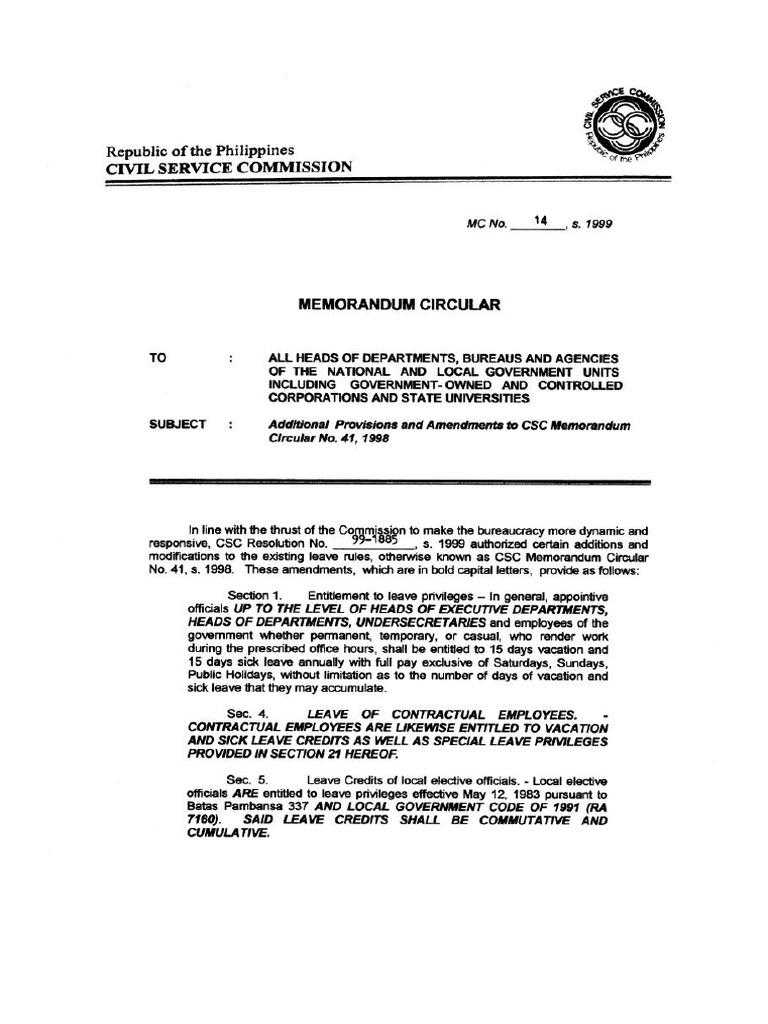 mc14s1999 CSC Memo On Leaves and Undertimes PDF | PDF