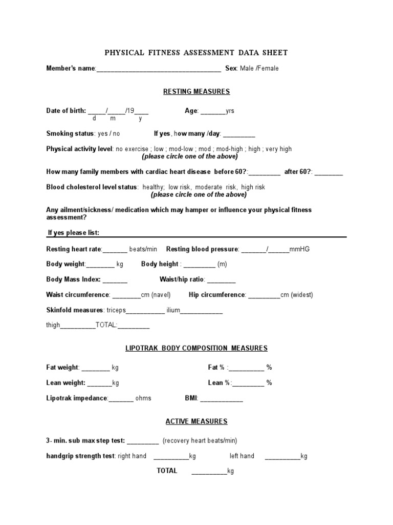 Physical Fitness Assessment Data Sheet | PDF | Wellness | Lifestyle