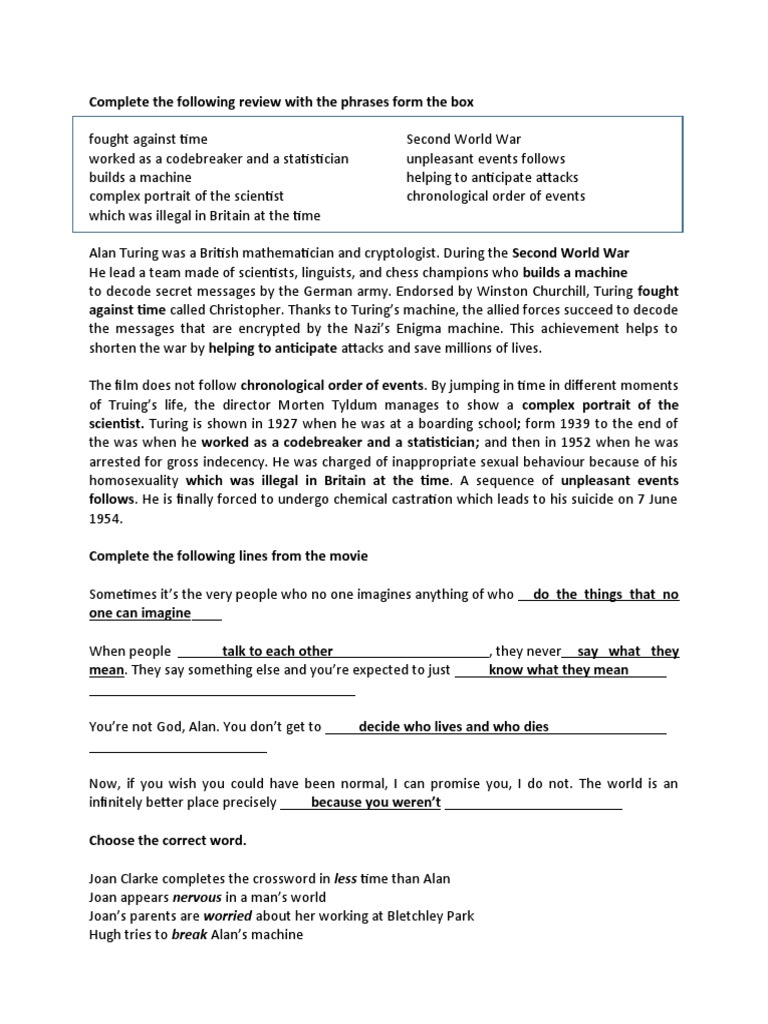 The Imitation Game Worksheet Review | PDF | Alan Turing | Unrest