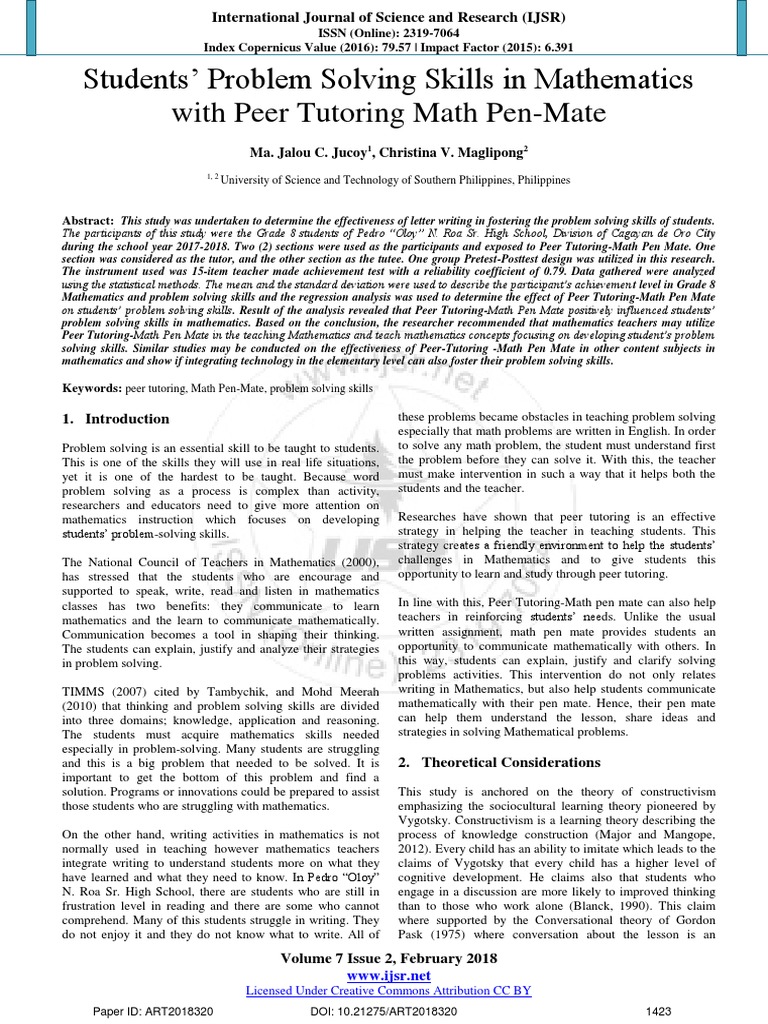 Students' Problem Solving Skills in Mathematics With Peer Tutoring Math ...