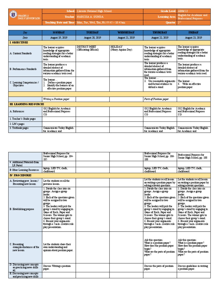 LP Weekly - EAPP Aug.19-23 | PDF | Argument | Rubric (Academic)