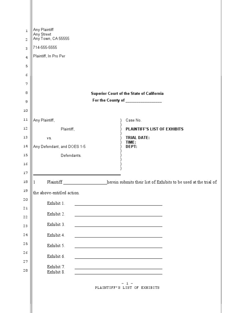 Sample Exhibit List For California | PDF | Pro Se Legal Representation ...