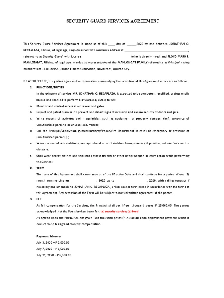 Security Guard Services Agreement | PDF | Security Guard | Government
