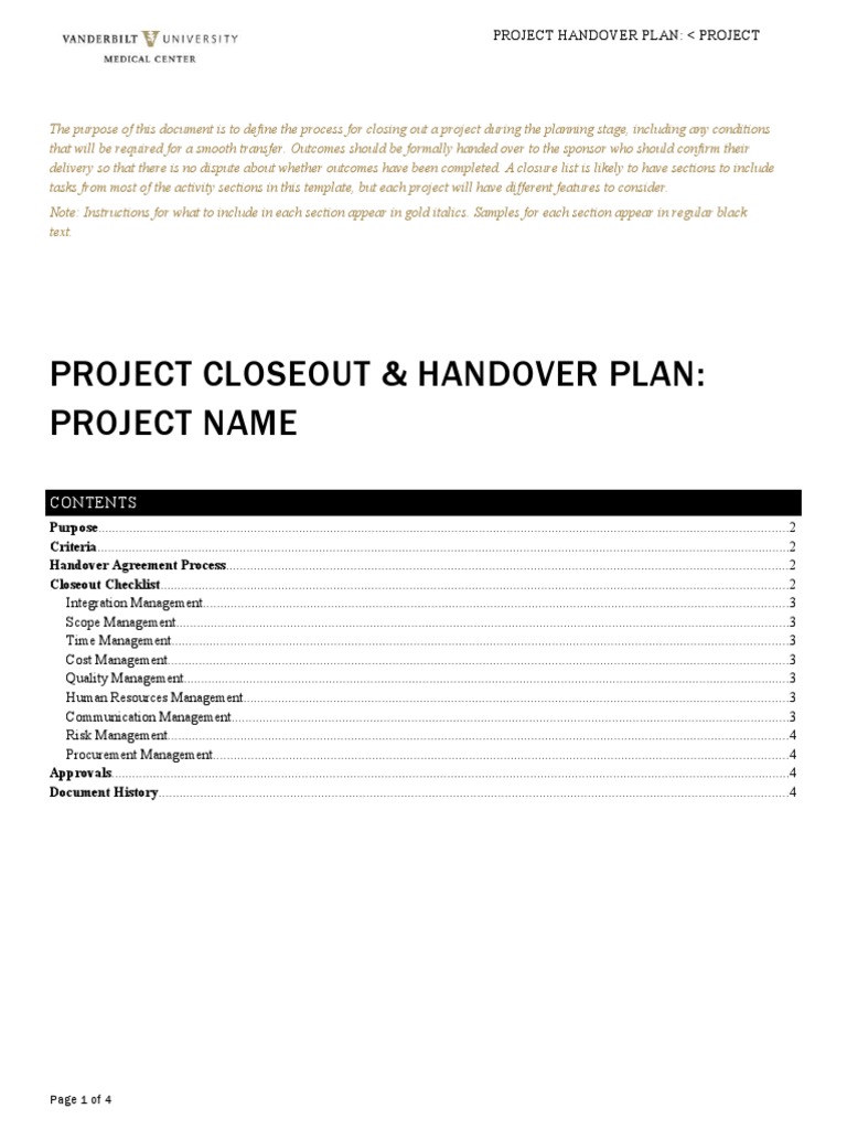 Project Closeout and Handover Plan Template | PDF | Service Level ...