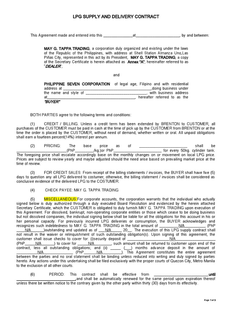 LPG Supply and Delivery Contract | PDF | Invoice | Common Law