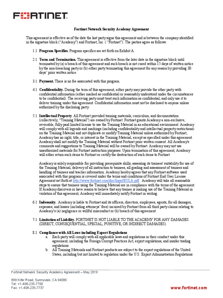 Agreement - Fortinet Network Security Academy | PDF | Arbitration | Damages