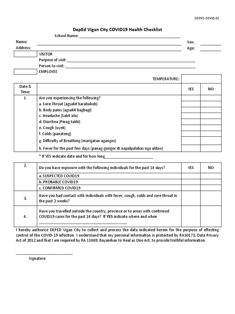 Deped Vigan City Covid19 Health Checklist | PDF | Common Cold | Health ...