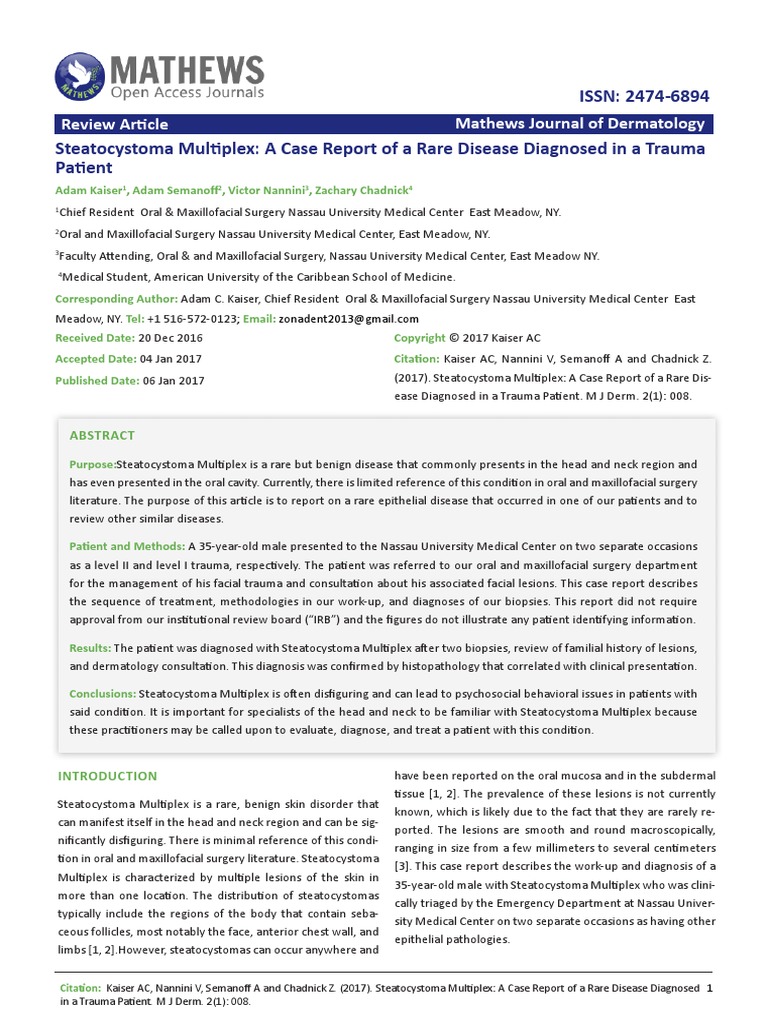 Steatocystoma Multiplex A Case Report of A Rare Disease Diagnosed in A ...