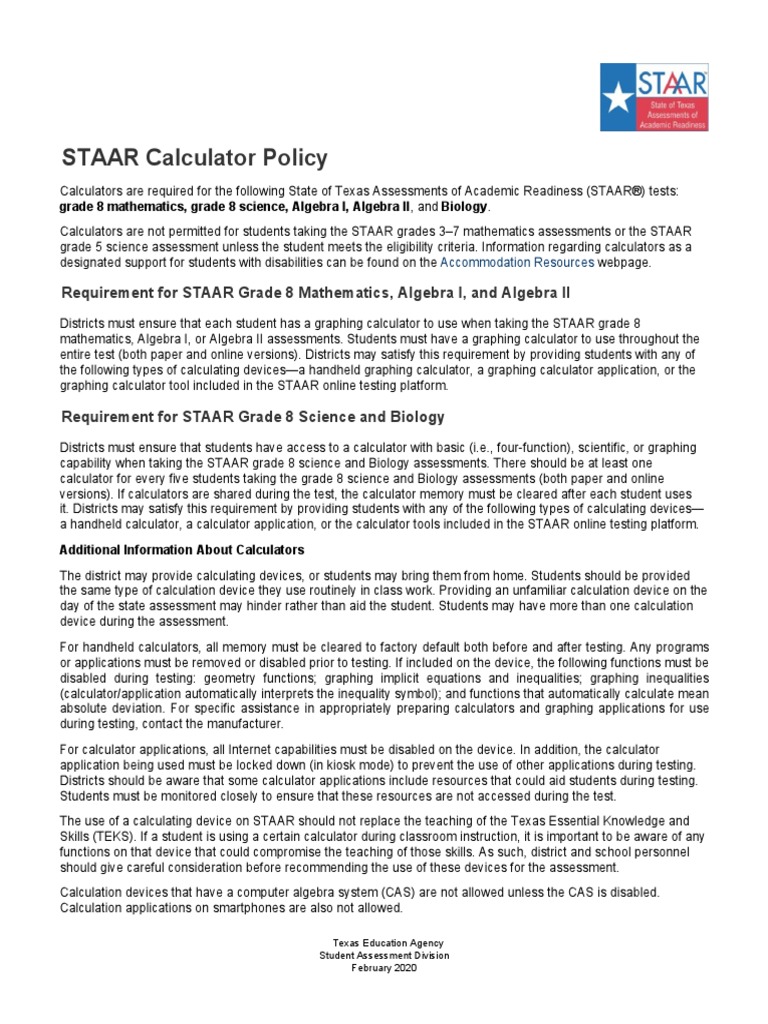 STAAR Calculator Policy: Requirement For STAAR Grade 8 Mathematics ...
