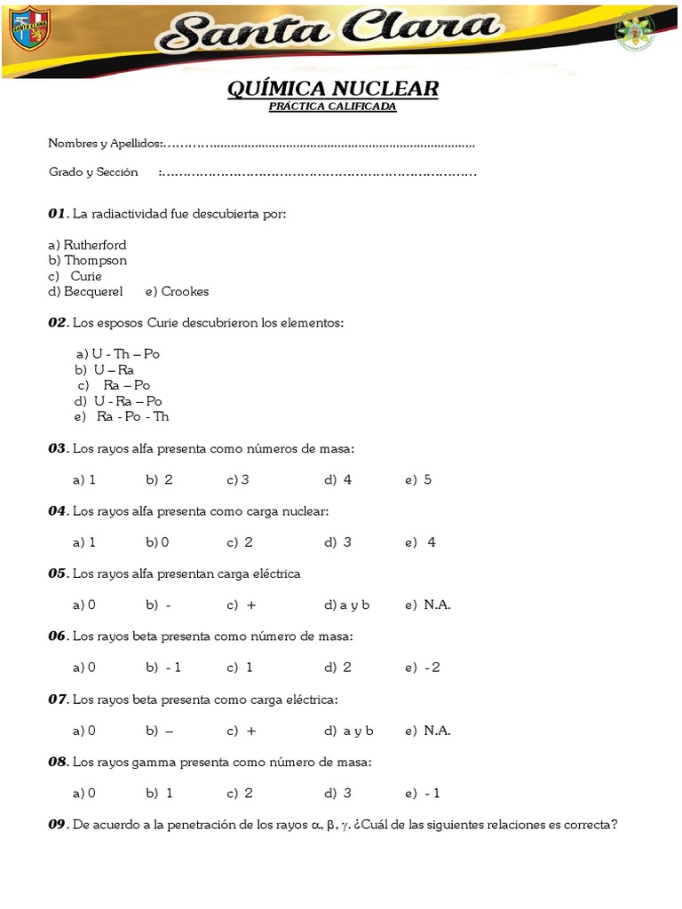 Práctica QUÍMICA NUCLEAR | PDF | Quimica nuclear | Formas de energia